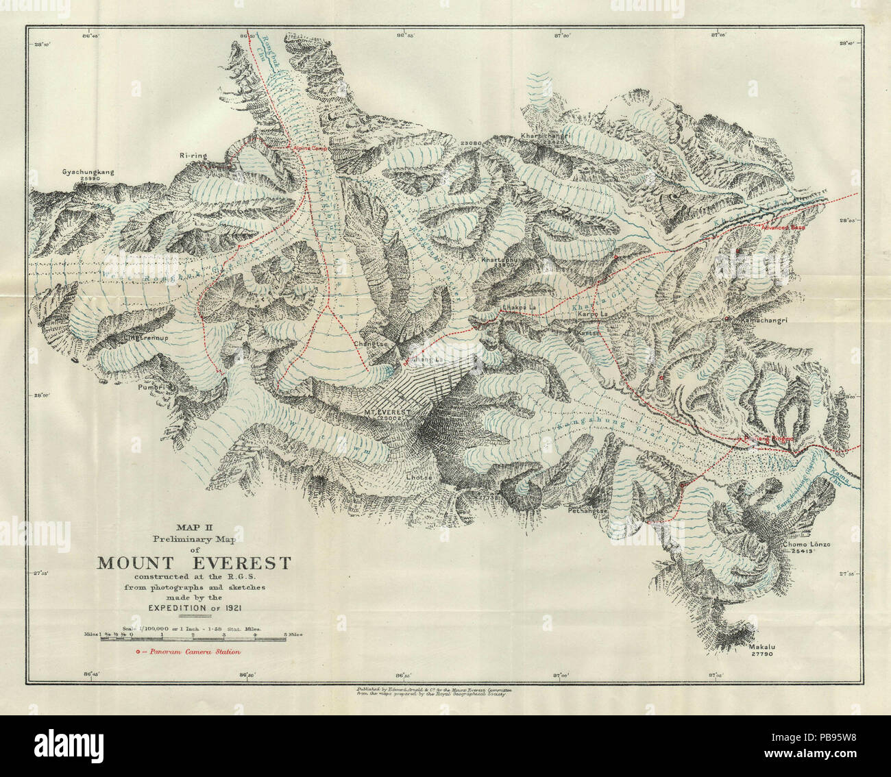 1224 Preliminary Map of Mount Everest. Howard-Bury, 1922 Stock Photo ...