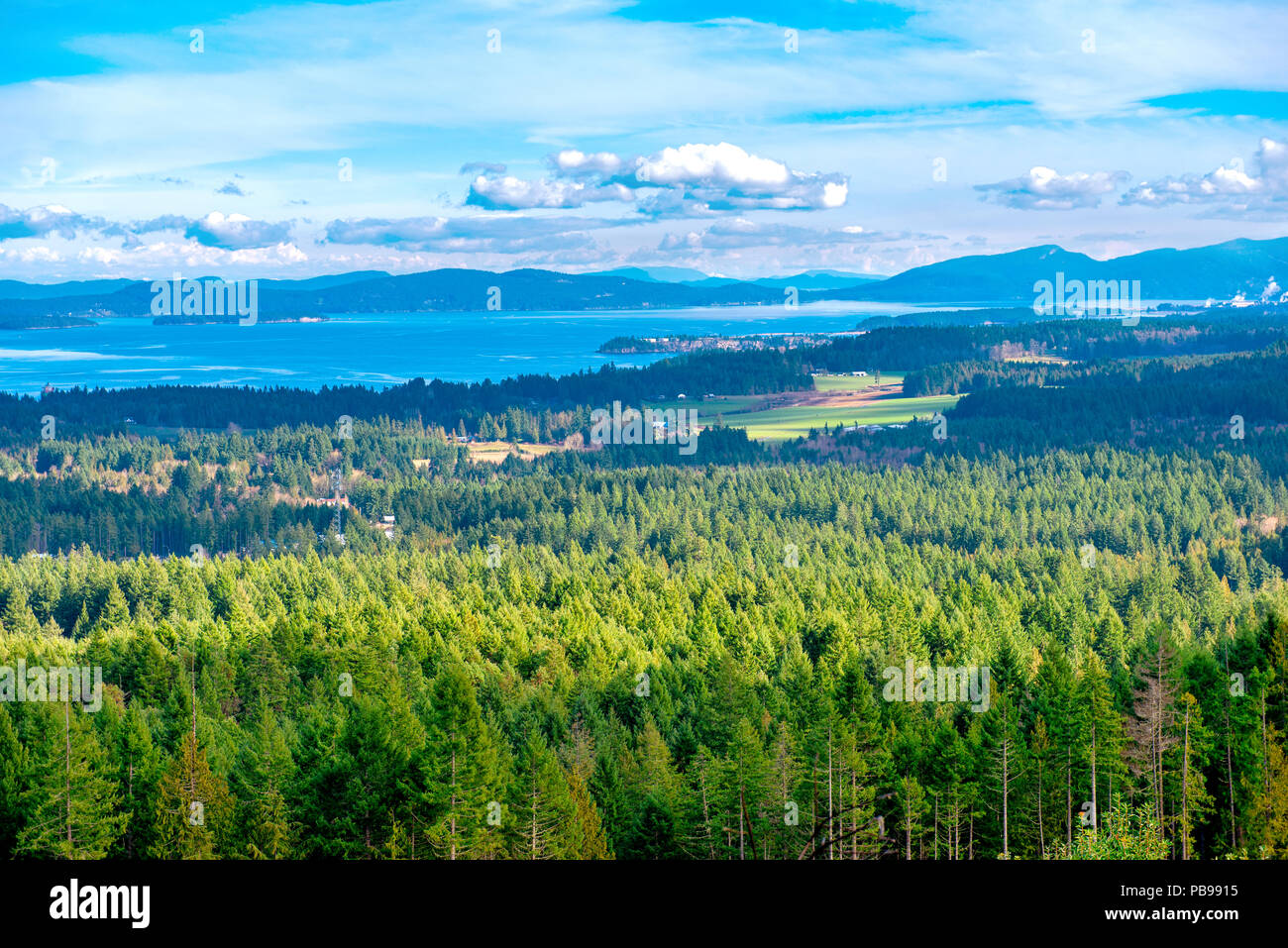 Lookout view of Ladysmith shoreline from top of a mountain and gulf ...