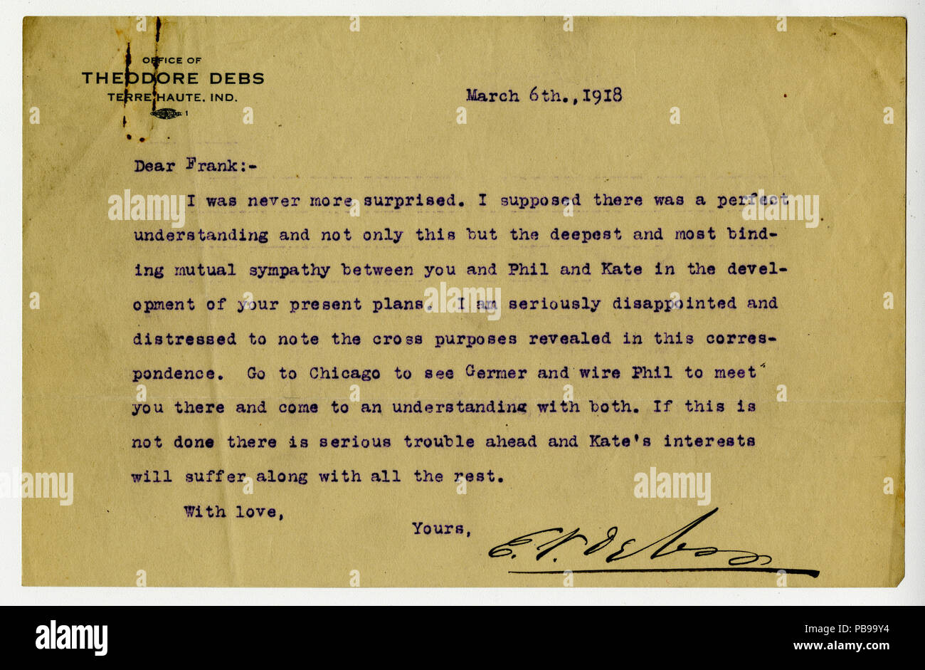 907 Letter signed E.V. Debs, Terre Haute, Ind., to Frank P. O'Hare ...