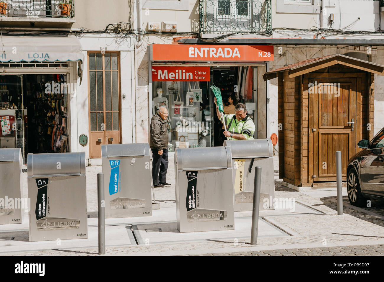 Lisbon, June 18, 2018: A modern smart trash cans on the city street ...