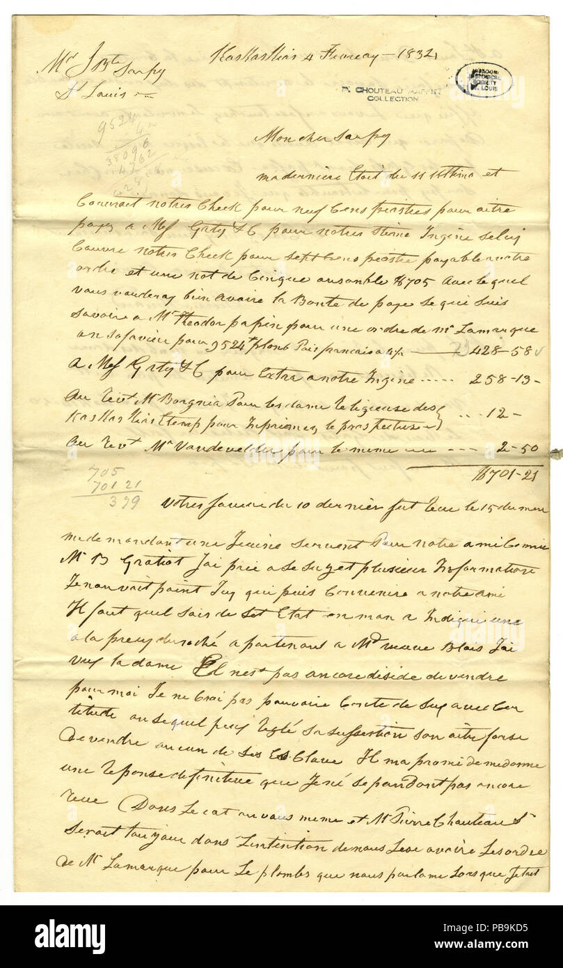 911 Letter signed Pierre Menard, Kaskaskias, to Jean Baptiste Sarpy, St ...