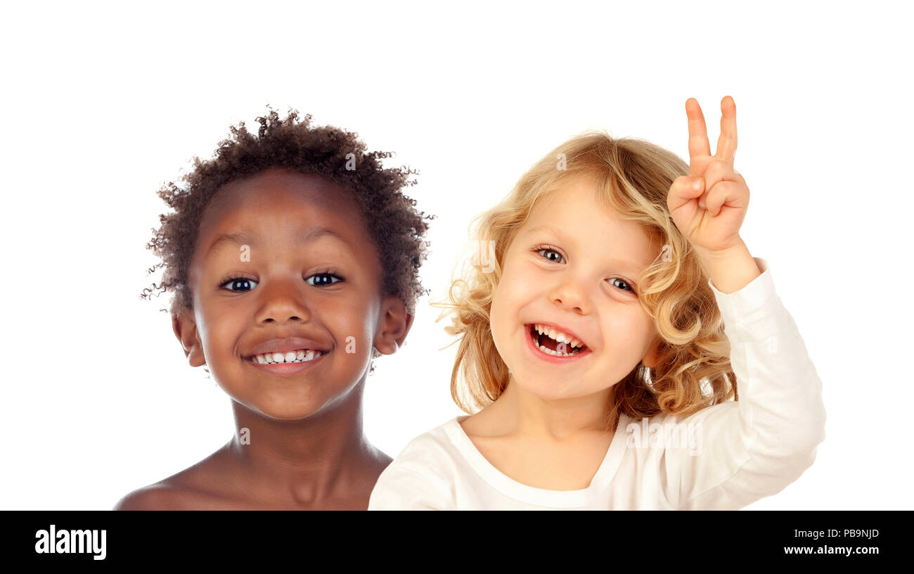 Couple of children doing jokes isolated on a white background Stock ...