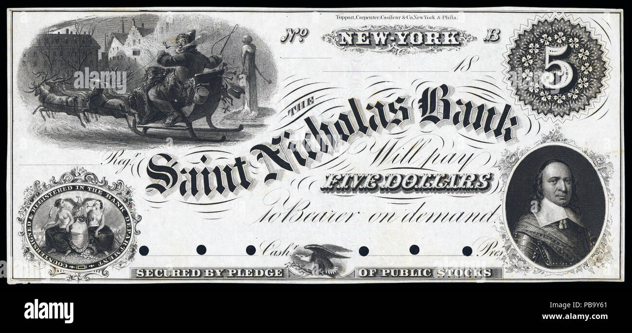 . English: Five dollar note from the Saint Nicholas Bank, New York (mid ...