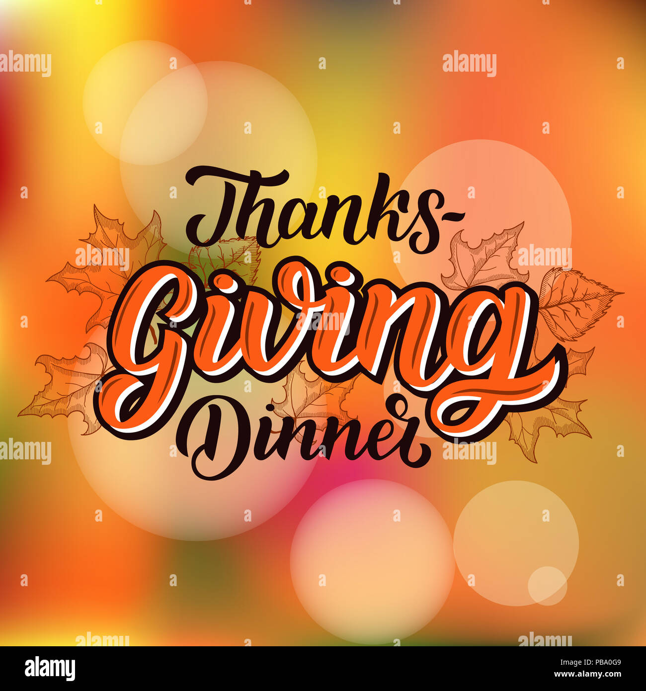 Happy thanksgiving dinner brush hand lettering with sketched maple ...