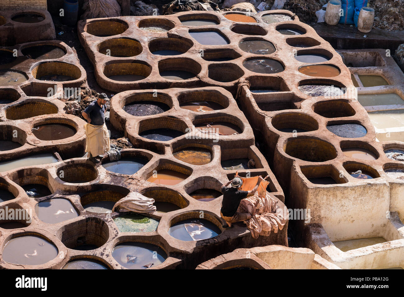 Fez, Morocco - November 12, 2017: Workers working in a tannery on ...