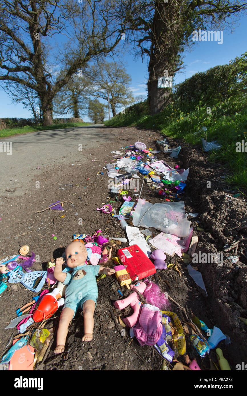 View of fly-tipping in a rural layby at Redwither Lane, near the ...