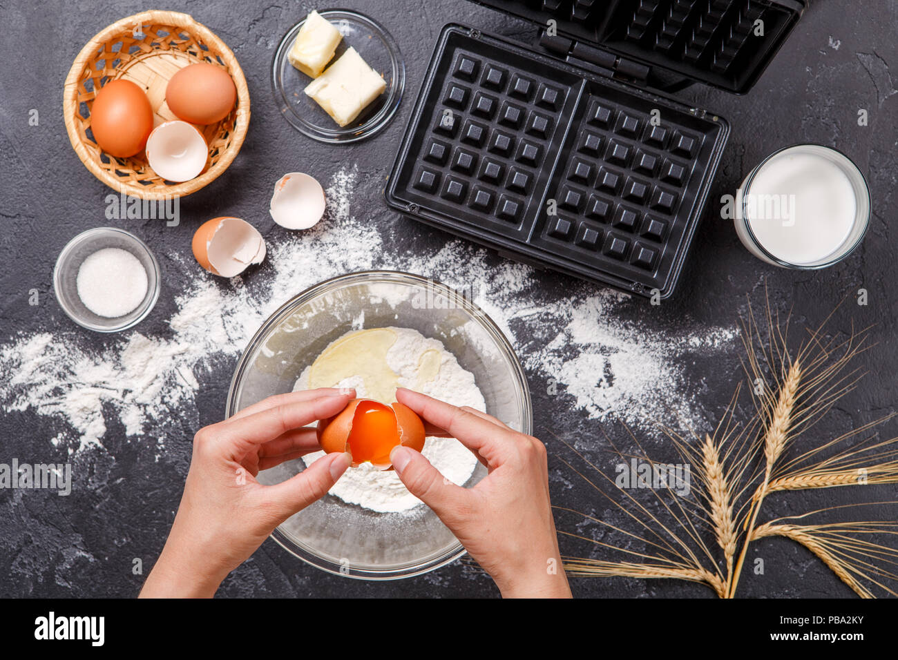 Photos on top of ingredients for Viennese waffles, waffle iron ...