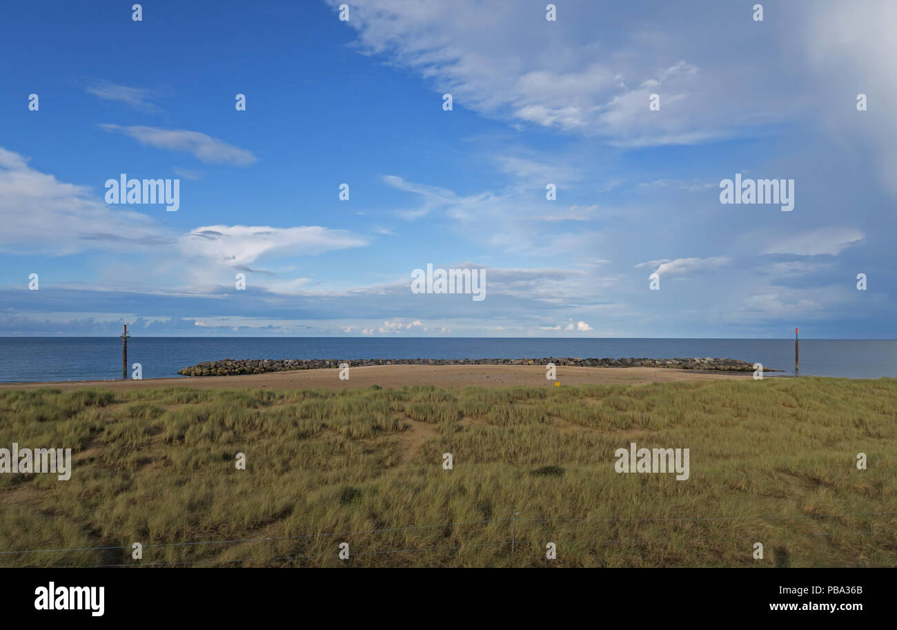 view over coastal sea defence reef, site of Little Tern colony (Sterna ...