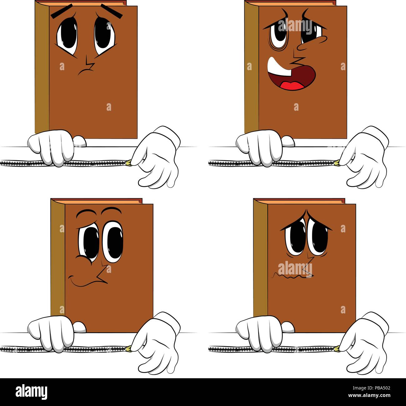 Books zipping a banner. Cartoon book collection with sad faces ...