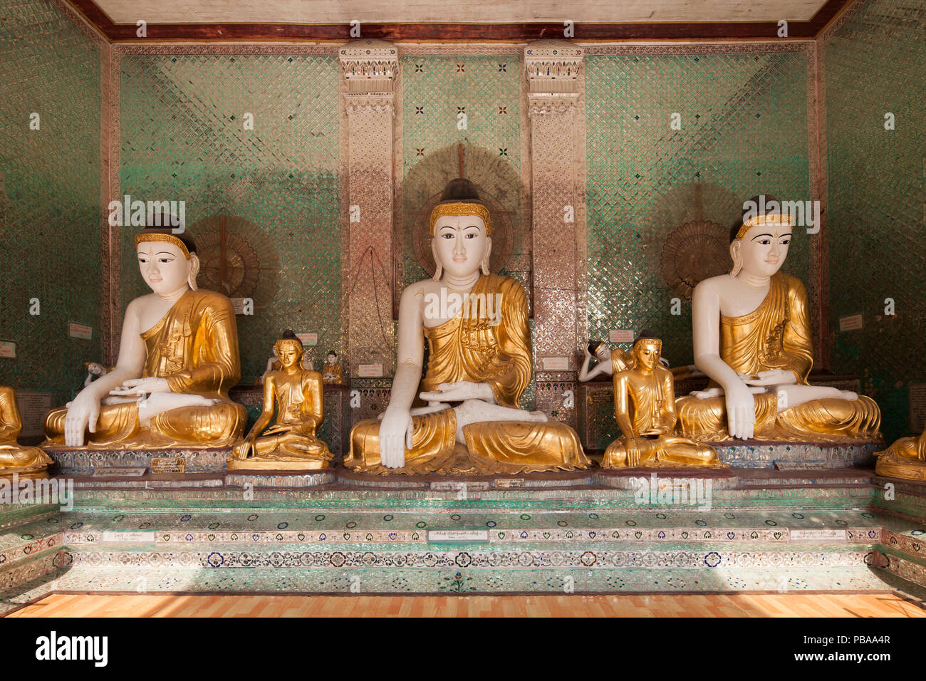 Statues of Buddha, Temples inside the Shwedagon pagoda, Yangon, Myanmar ...