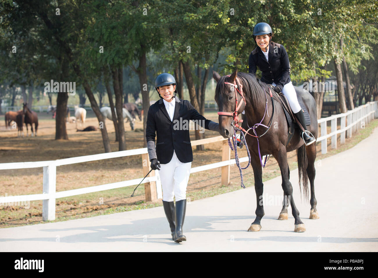 Cheerful Chinese couple riding horse Stock Photo - Alamy