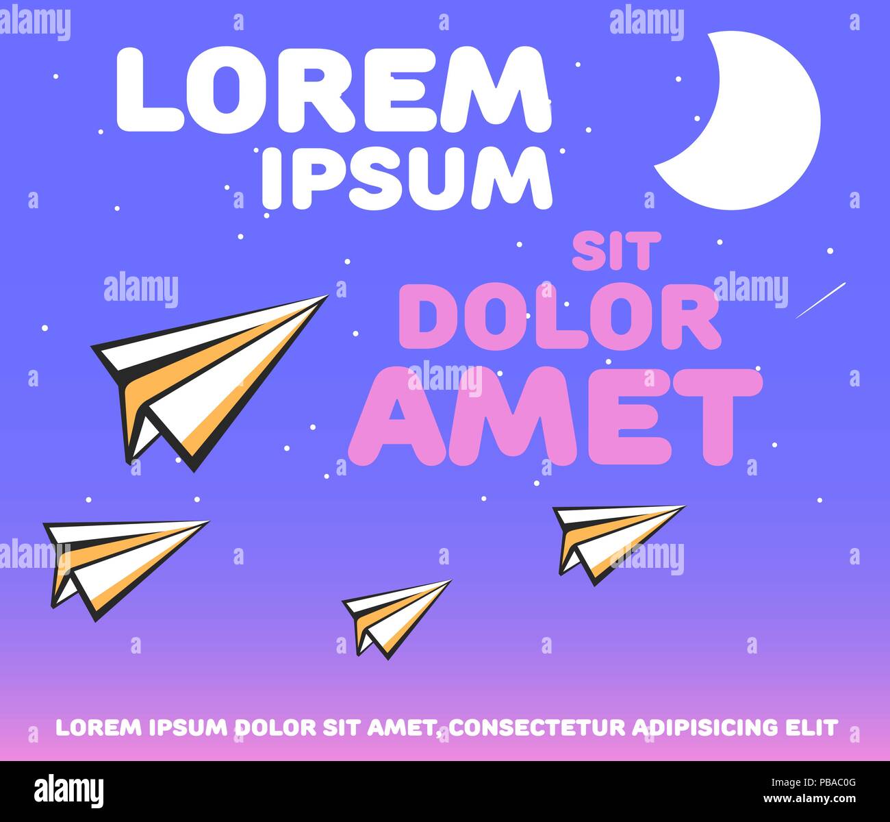 Night sky with paper planes, stars and moon background. Air mail, post ...