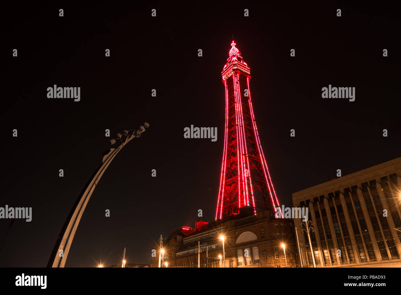 Blackpool Tower lights red at night, Blackpool, Lancashire, UK Stock ...