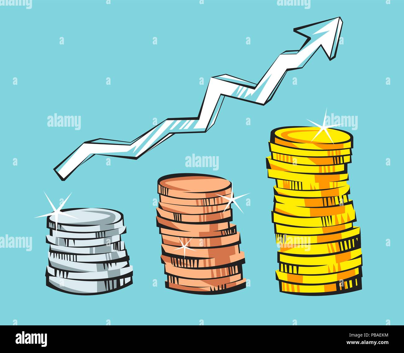 Gold, coins with increasing arrow in retro cartoon style. Golden money ...