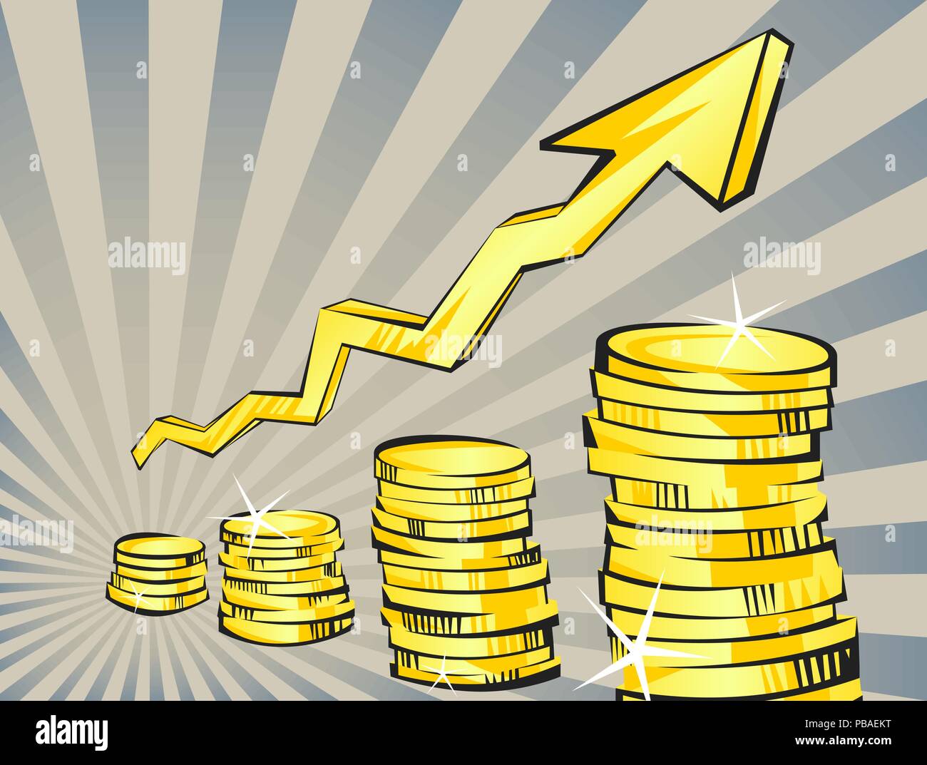Gold coins with increasing arrow in retro cartoon style. Perspective ...