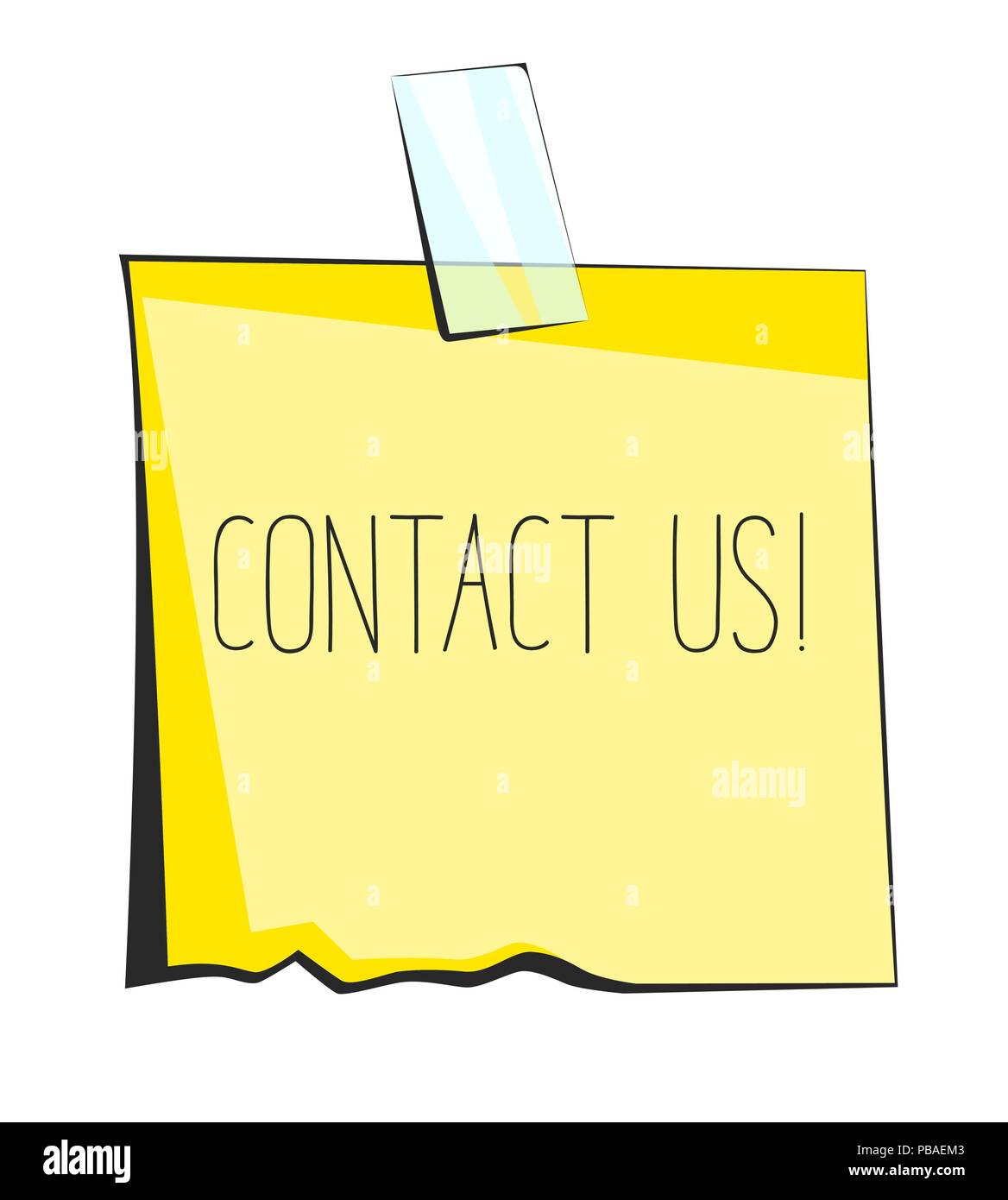 Yellow sticky note with scotch tape. Contact us lettering. Paper ...