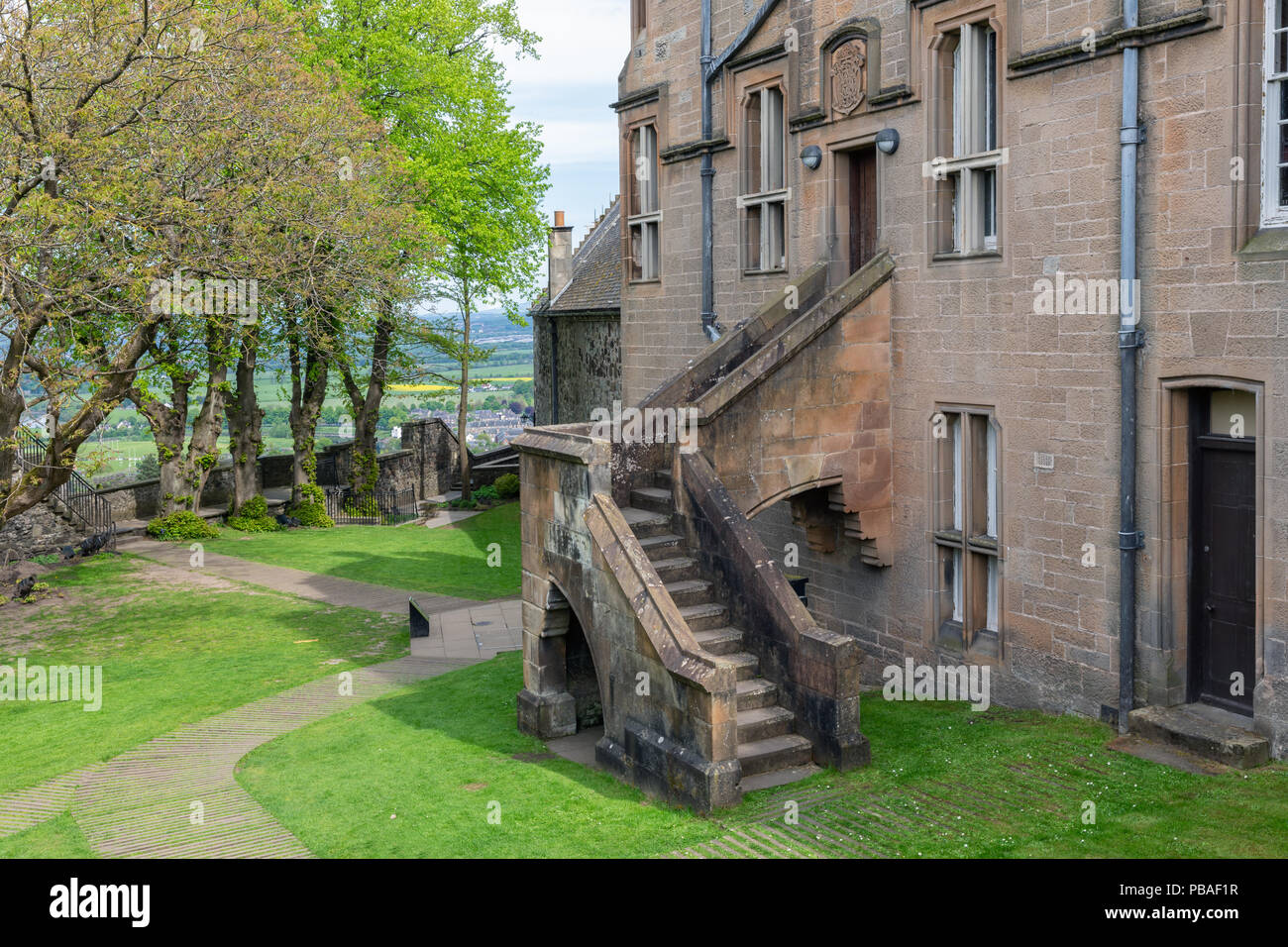 Courtyard Scottish Stirling Castle with trees and old medieval stairs ...