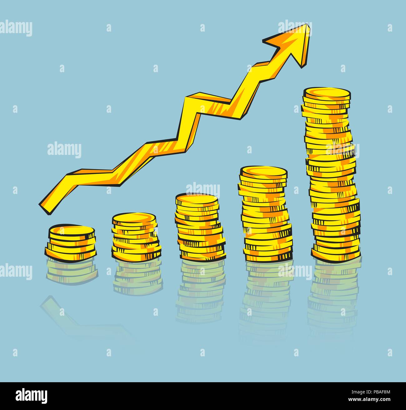 Coins stacks with reflection, increasing arrow in retro cartoon style ...