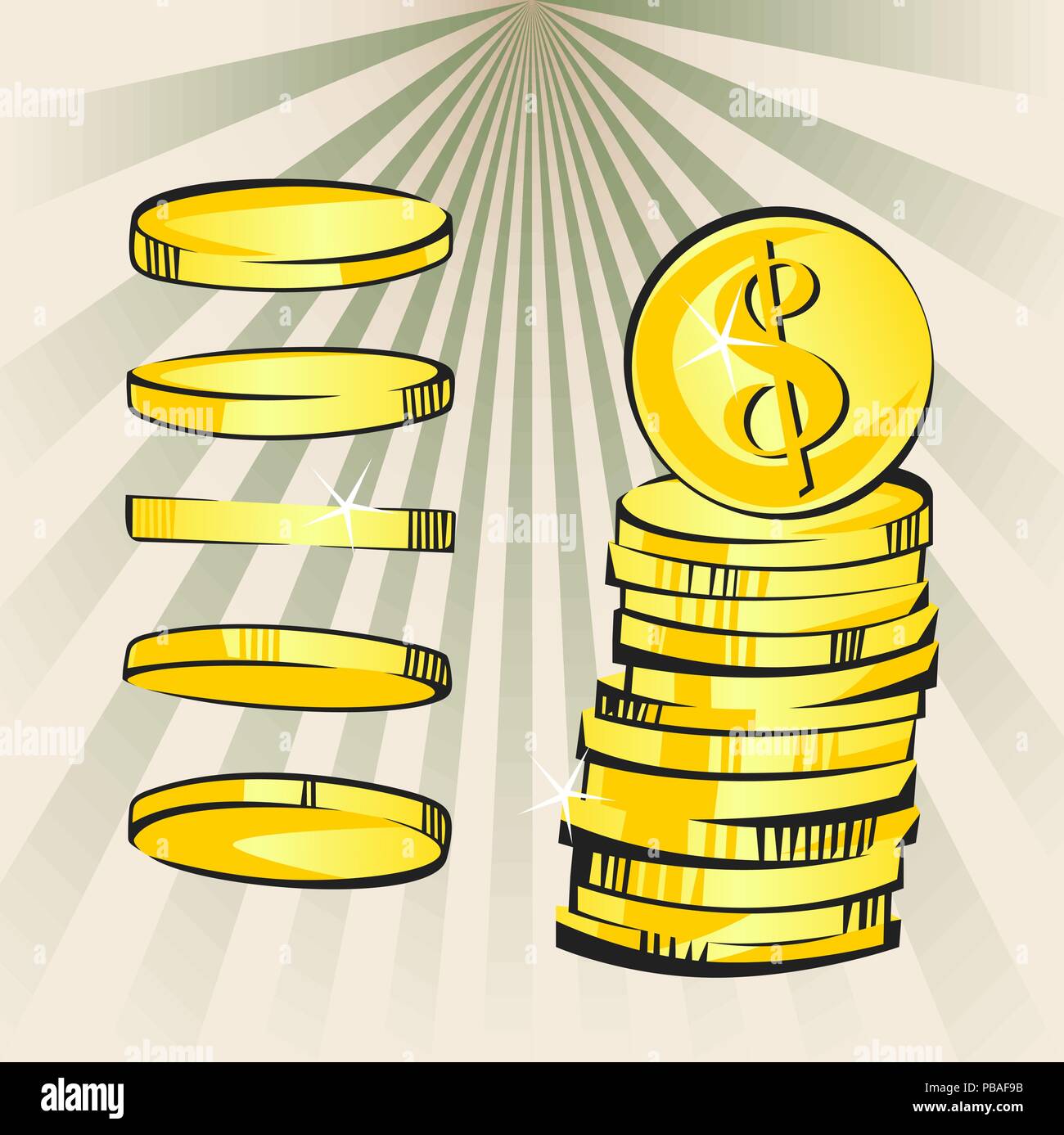 Golden money rain and stack. Vector falling coins. Dollar sign Stock ...