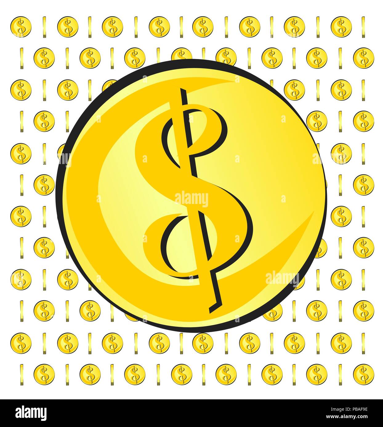 Gold coin with dollar sign on falling coins background. Modern vintage ...
