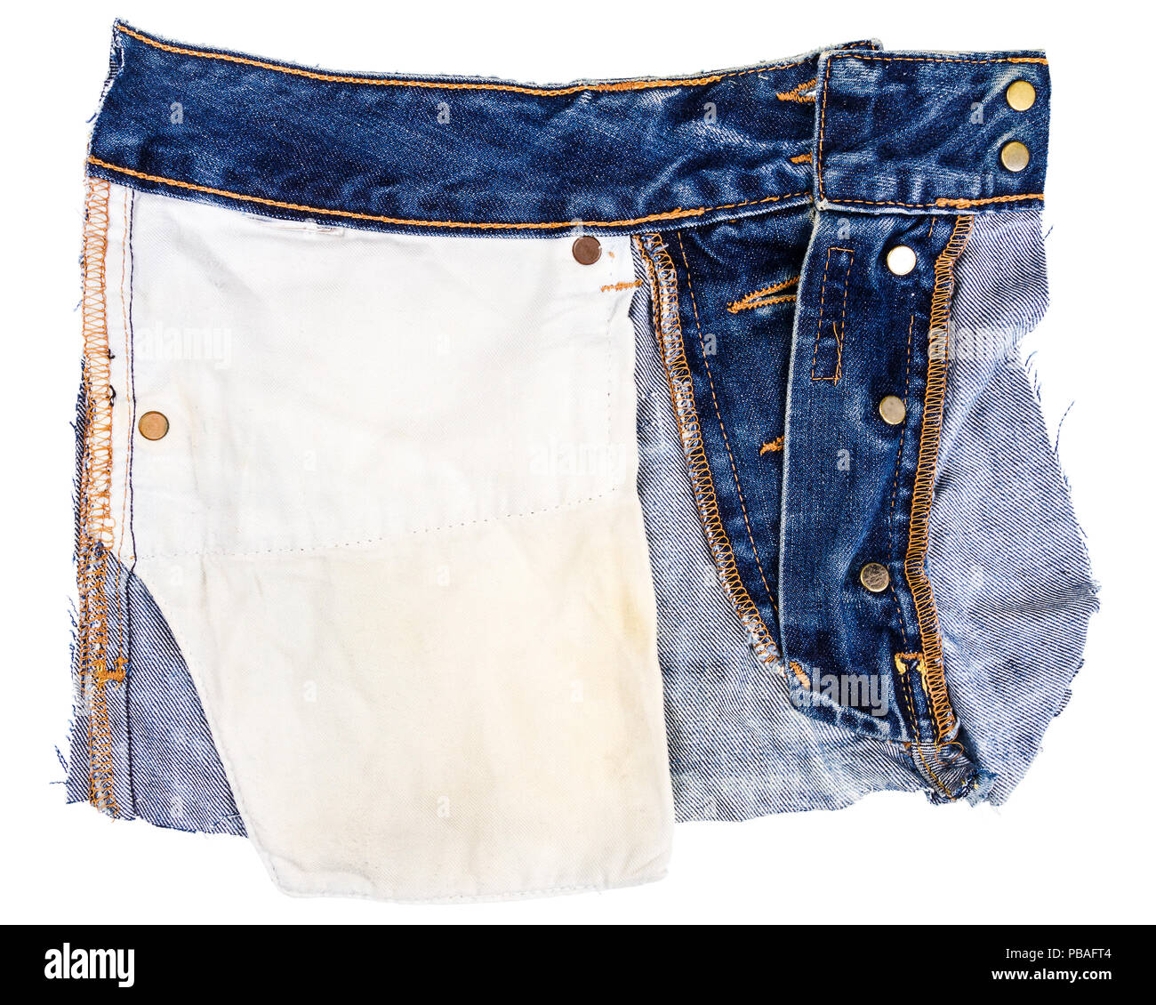 Piece of blue jeans fabric isolated on white background. Rough uneven ...