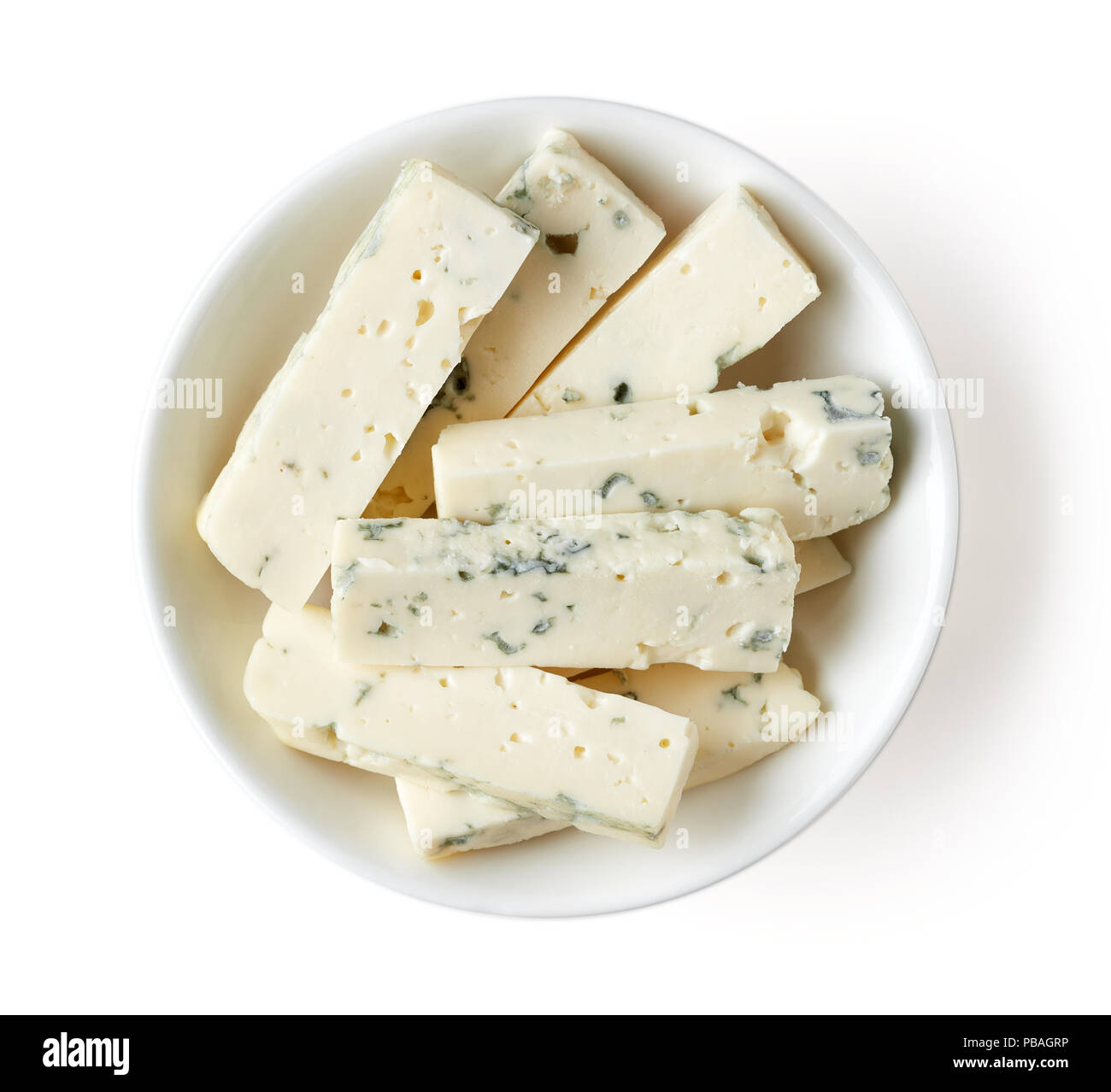 Bowl of blue cheese slices isolated on white background, top view Stock ...