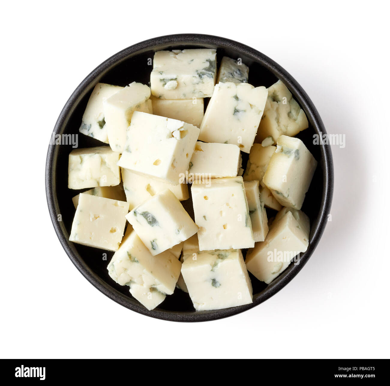 Bowl of blue cheese cubes isolated on white background, top view Stock ...