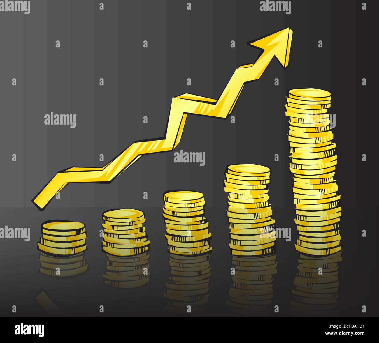 Coins stacks with reflection, increasing arrow in retro cartoon style ...