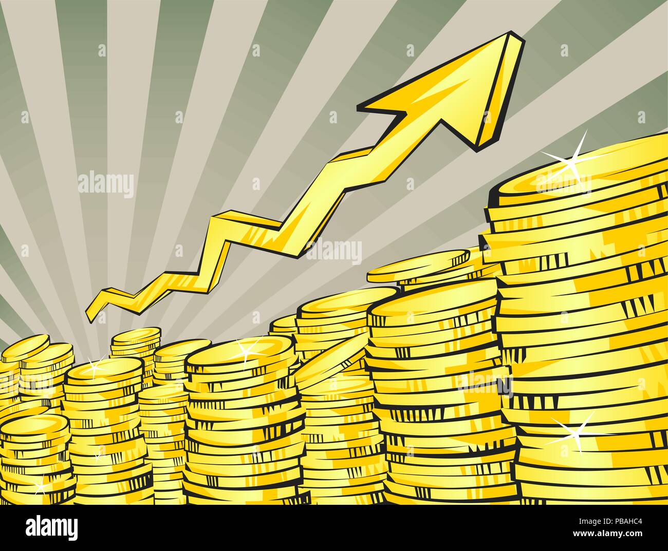 Golden coins stacks with arrow. Retro rays background. Income ...