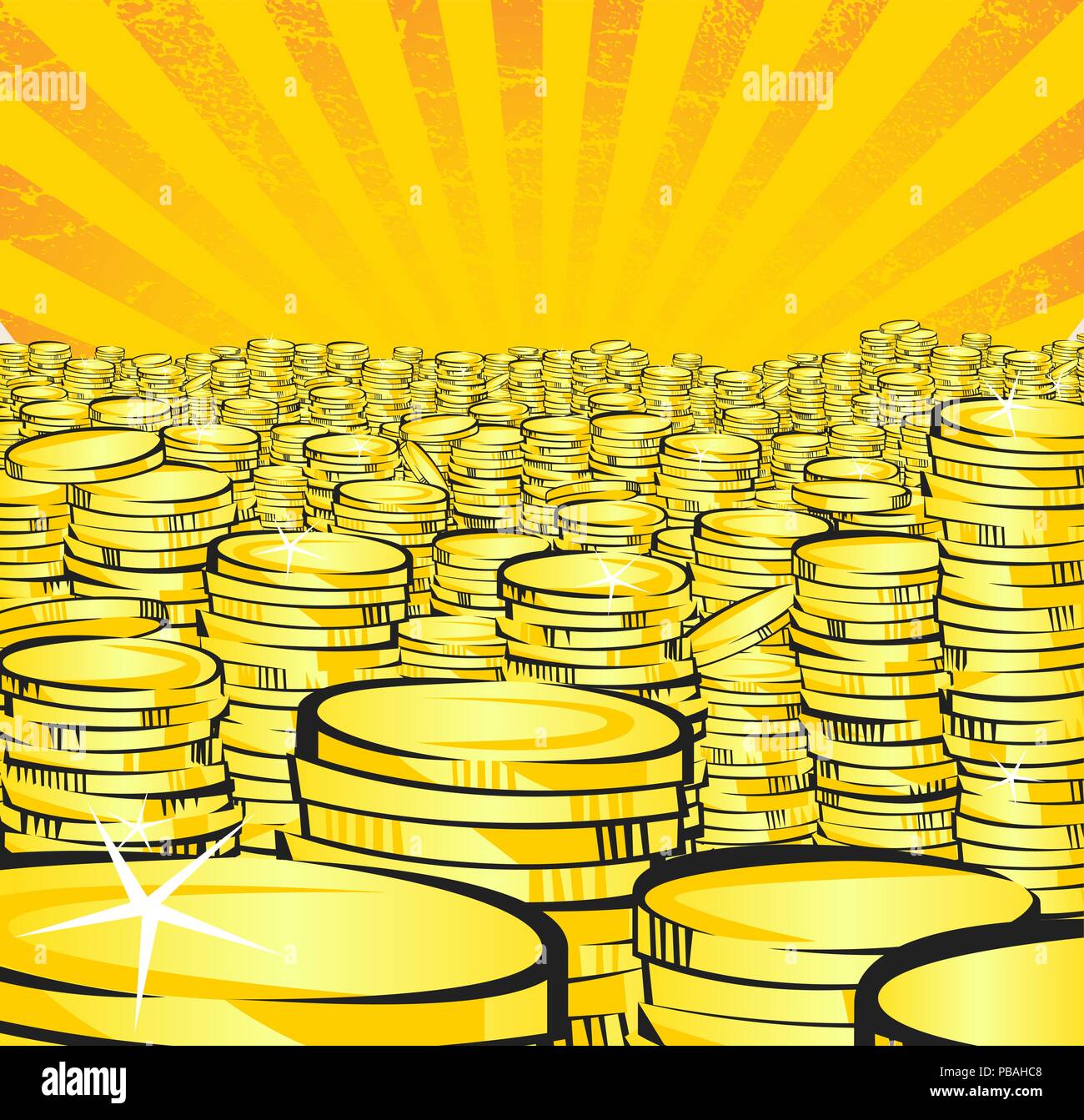 Golden money stacks. Gold coins. Retro vector illustration of the shining wealth. Lottery ...