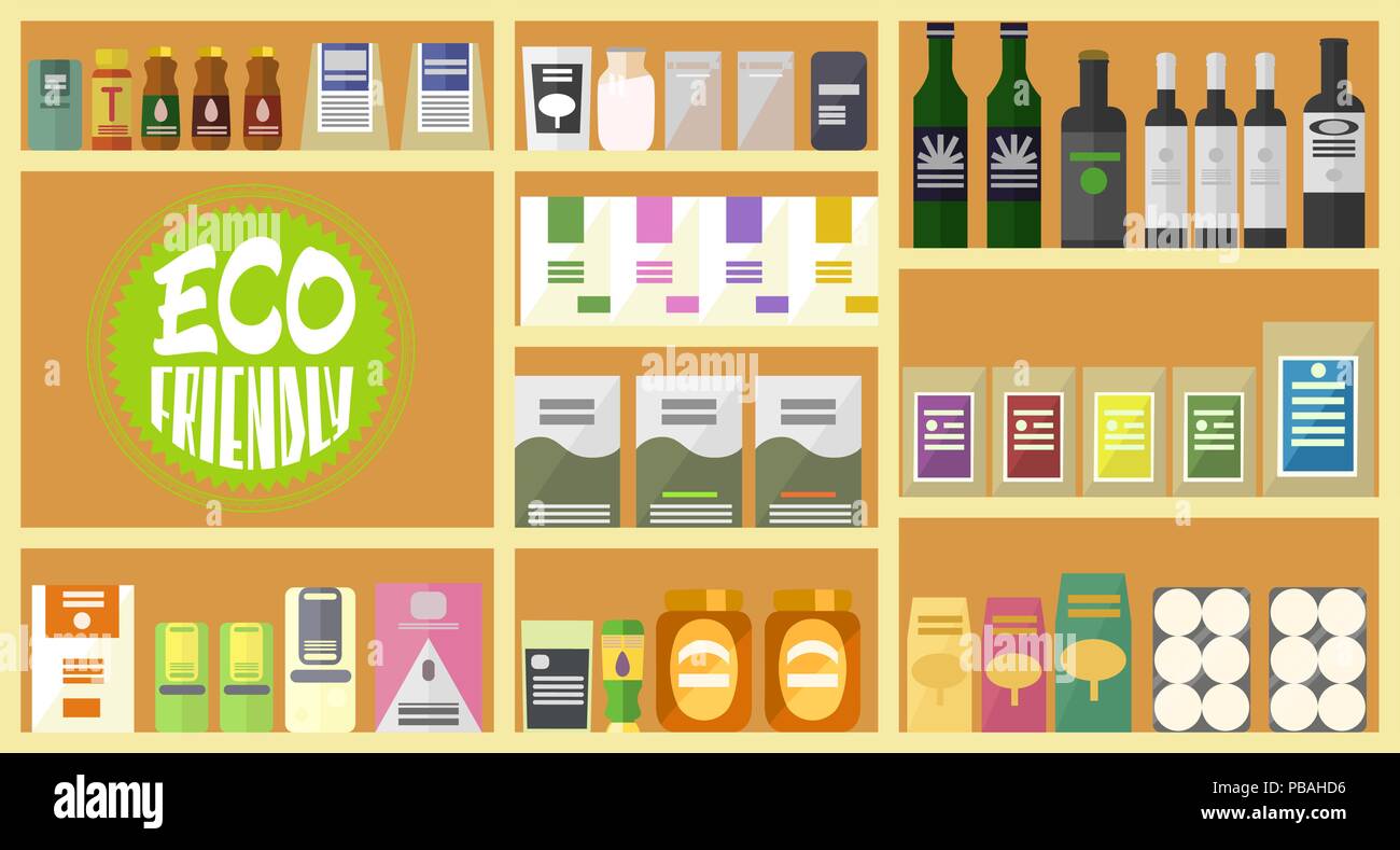 Vector flat store. Organic goods. Eco friendly sign. Full shelves of ...