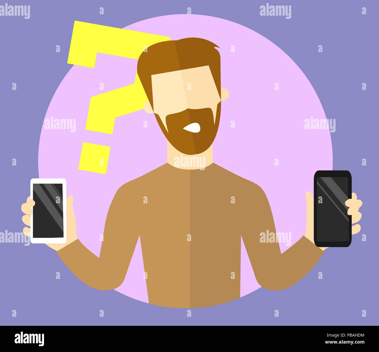 Vector man with a question mark. Choosing smartphone concept. Mobile ...
