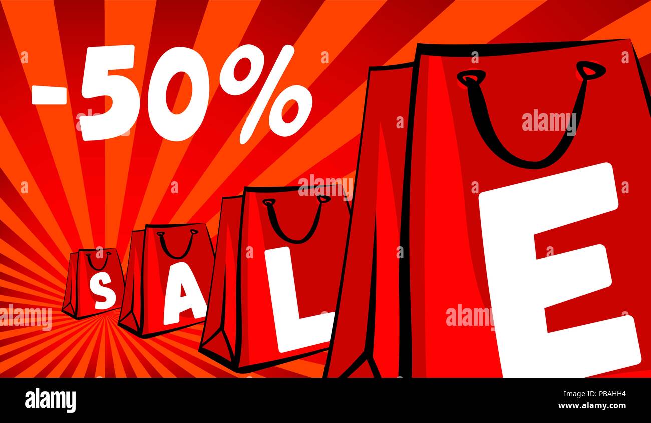 Sale paper shopping bags. Red rays background and advertising ...