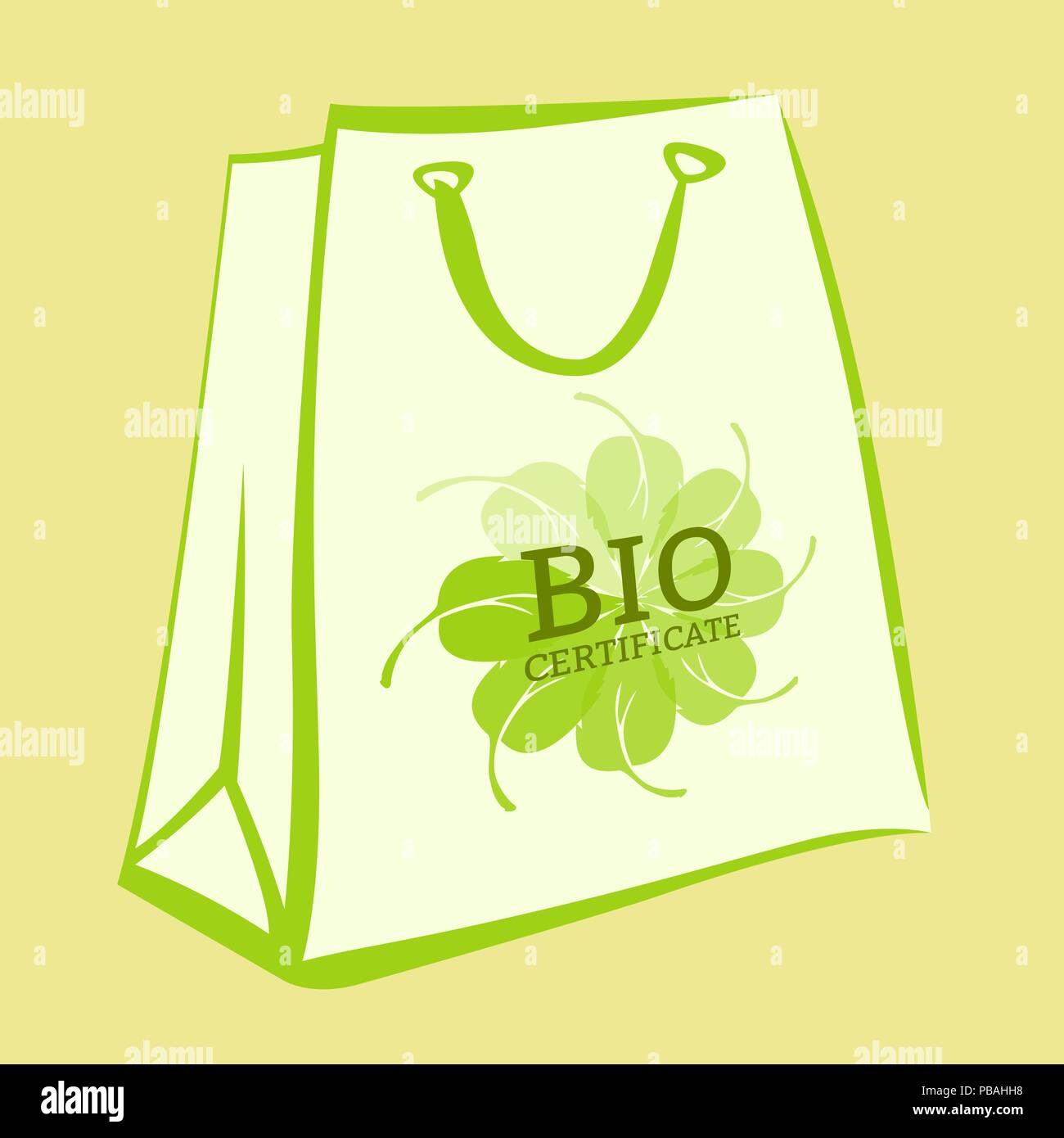 White paper bag with bio certificate sign. Vector shopping icon. Light ...