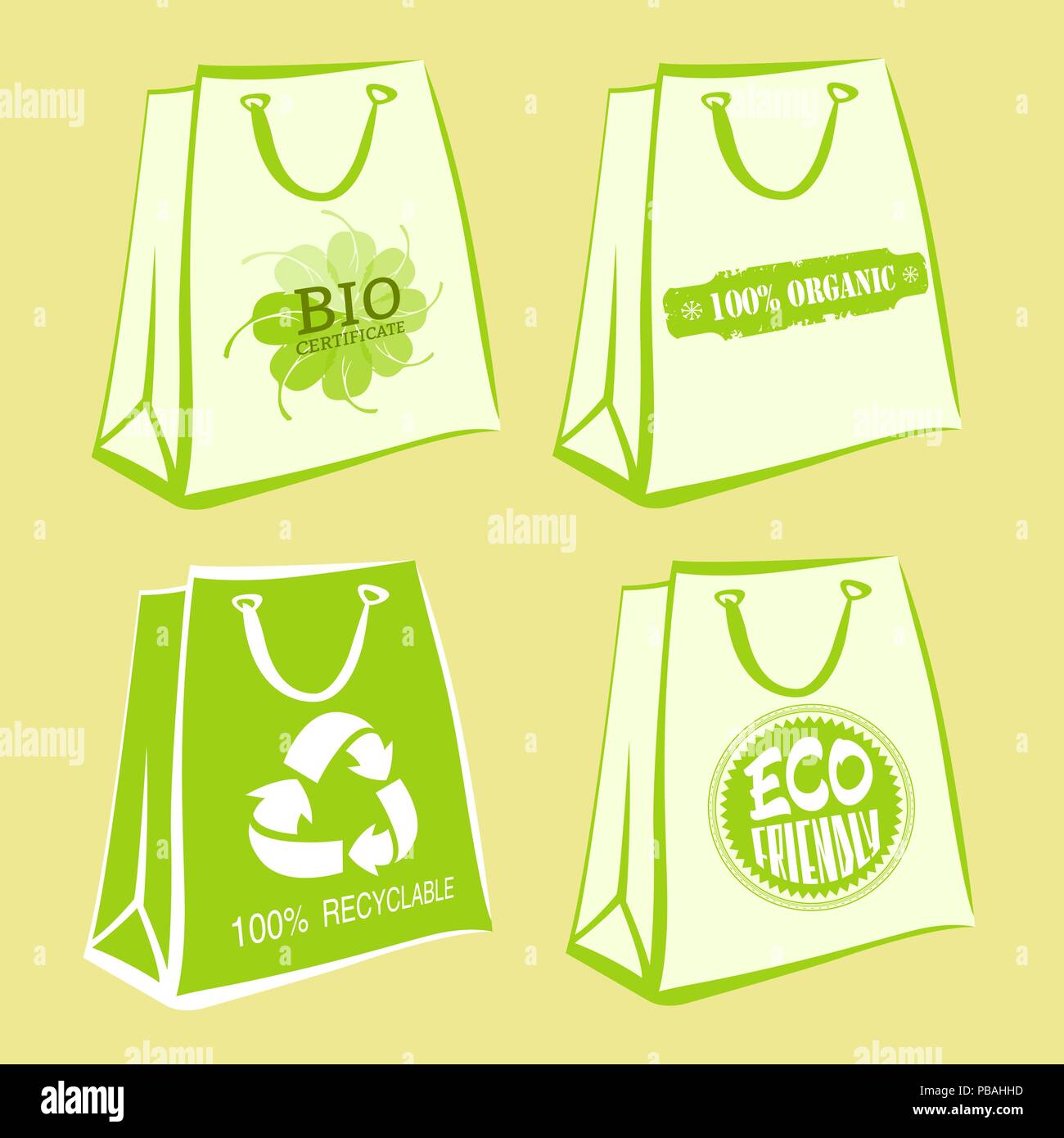 Set of white paper bags with ecological signs and green contours. Bio ...