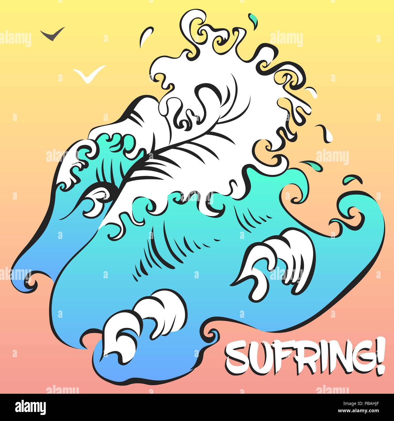 Surfing poster. Vector gradient wave on abstract sunrise background ...