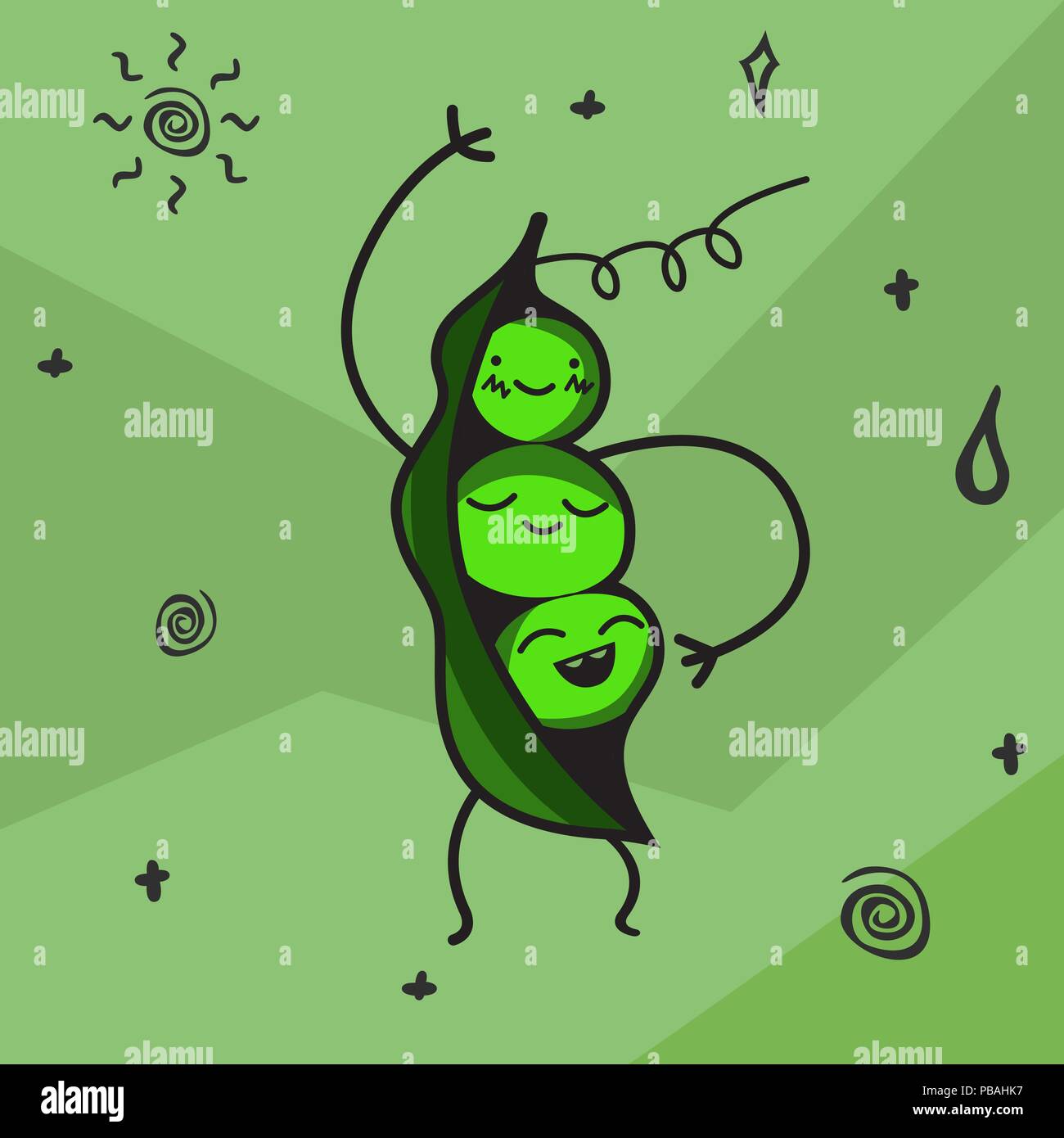 Cute kawaii cartoon peas. Smiling and dancing vegetable character ...