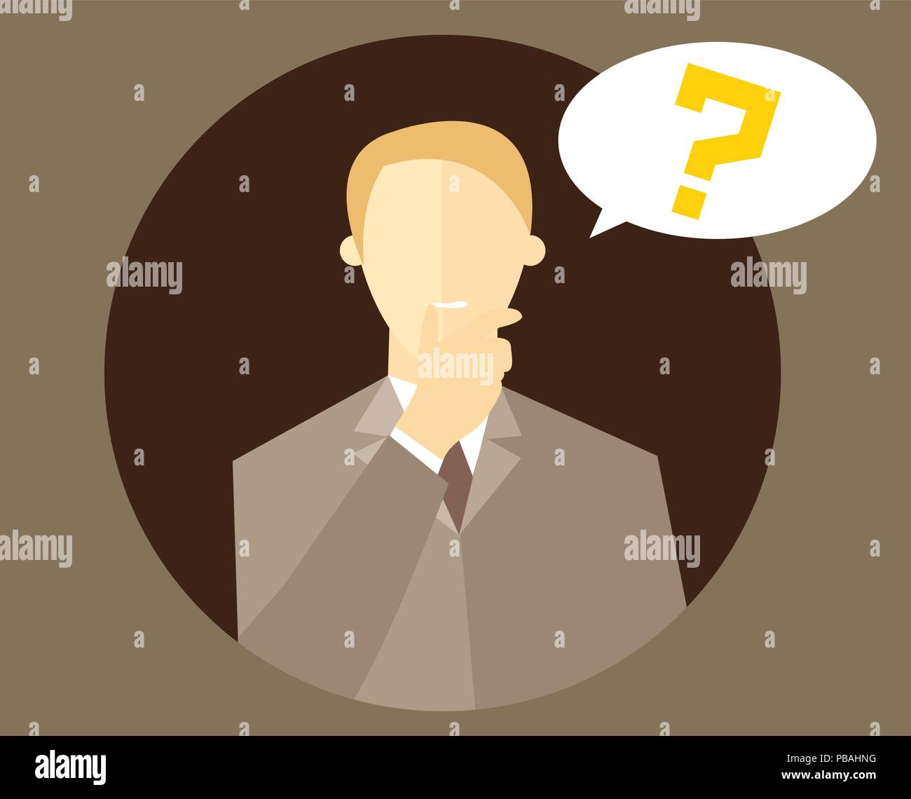 Blonde man with a question mark. Person doubts. "I don't know ...