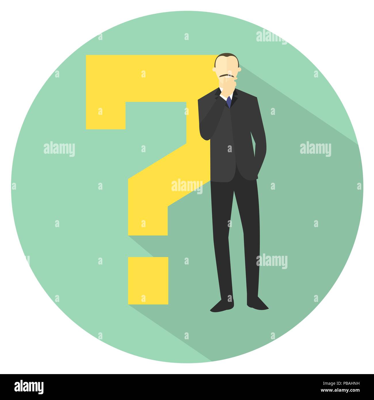 Man with a question mark. Businessman doubts. "I don't know" expression ...