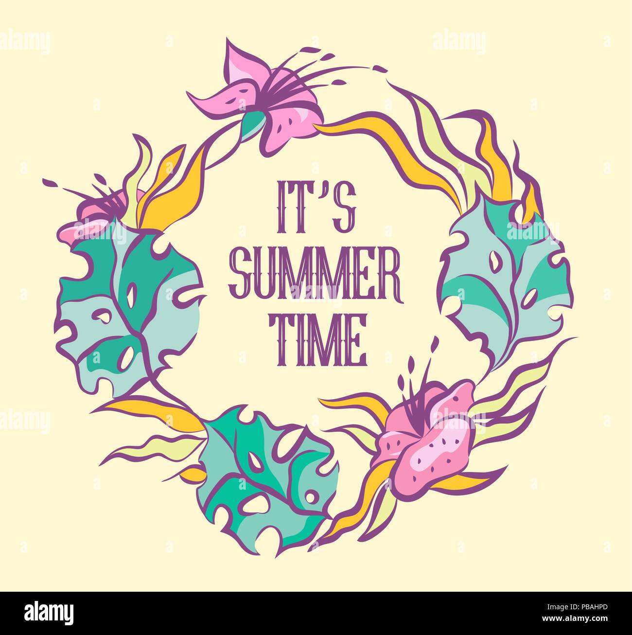 It is summer time sign. Light pastel floral wreath. Violet contour ...