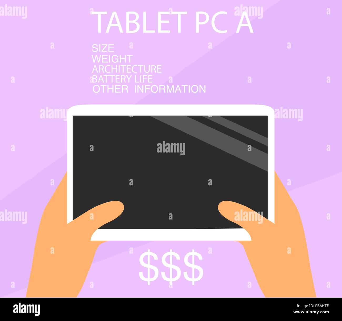 Digital tablet in hands. Flat touchpad icon. Advertising vector layout ...