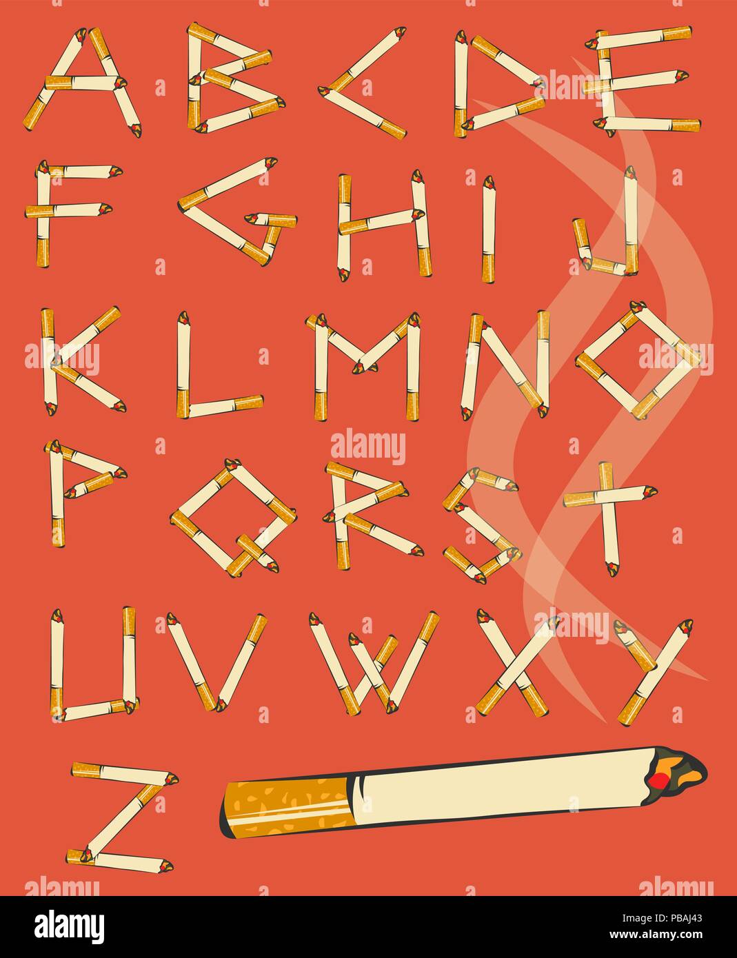 Font made of cigarettes. Comic cartoon cigarette alphabet. Smoking ...