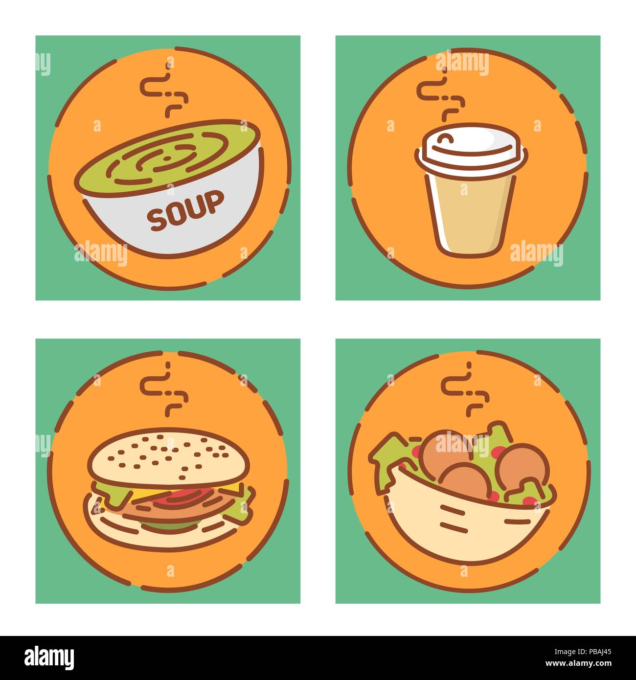 Fast food signs set, flat design. Soup, coffee, hamburger and falafel ...