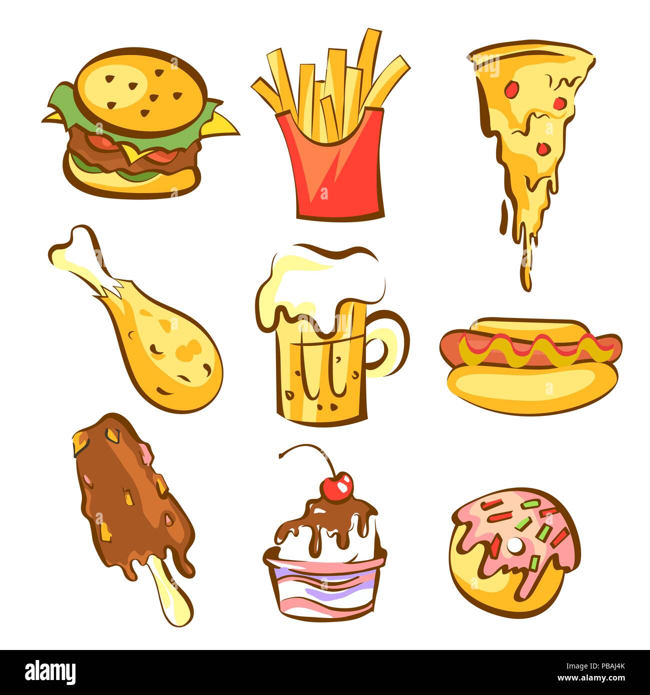 Fast food meals set. Comic cartoon style, brown contours, warm colours ...