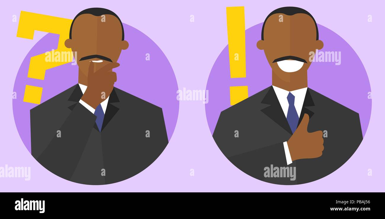 "Big question" and "best solution" concept signs. Flat cartoon style ...