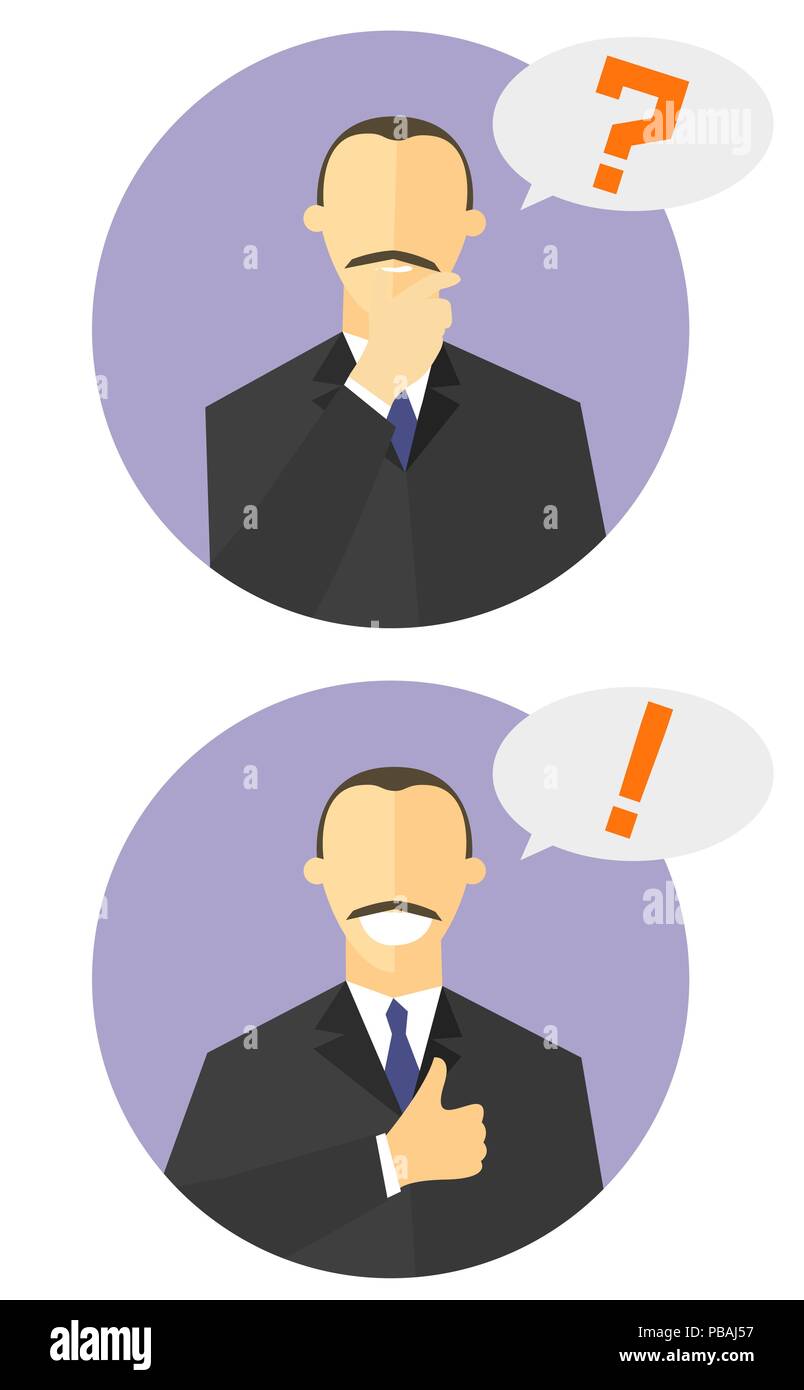 Set of flat design signs. Uncertainty and confidence emotions. Man in ...