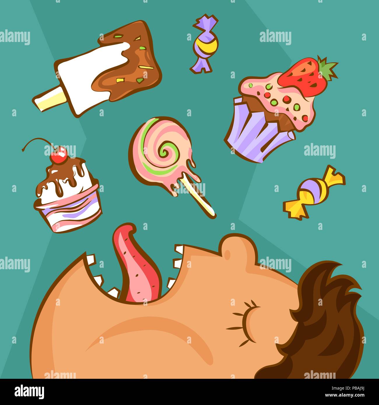 Sweet addiction concept. Unhealthy nutrition conception. Obese man and ...