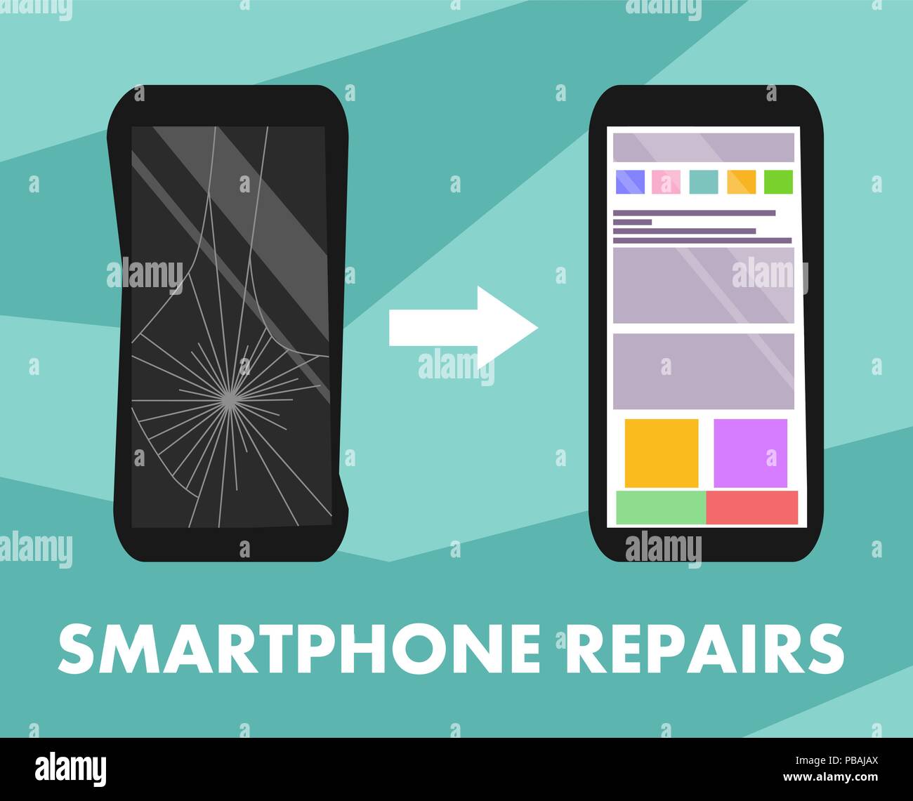 Smartphone repairs flat design sign. Vector illustration of broken and ...
