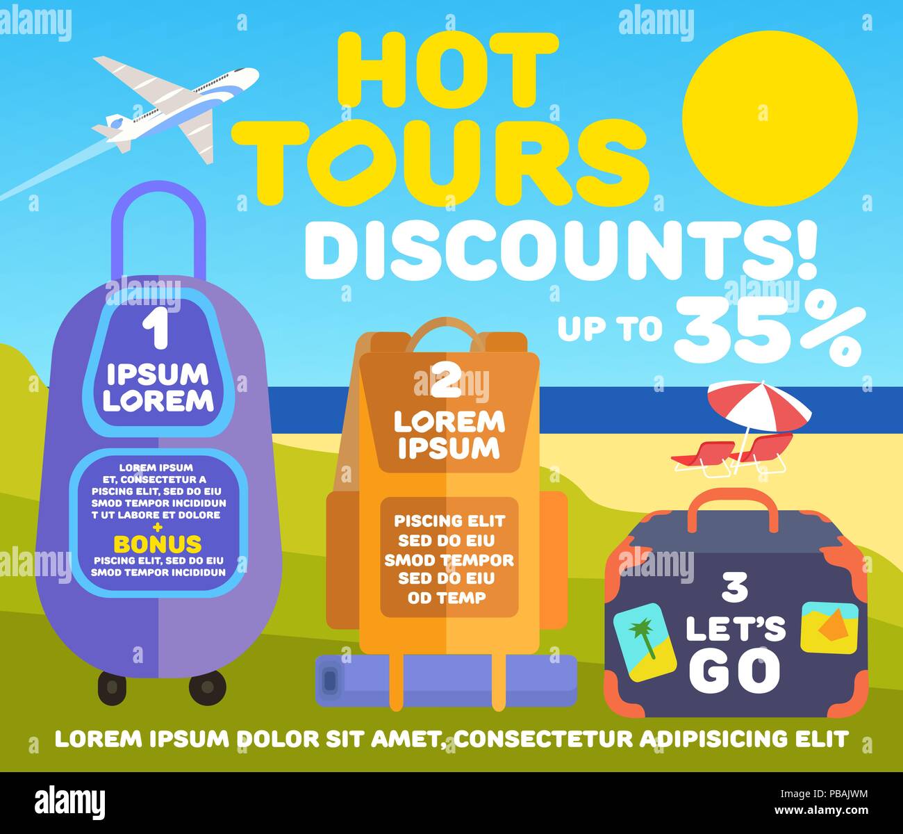 Flat design travel banner, hot tours discounts, vector infographics ...