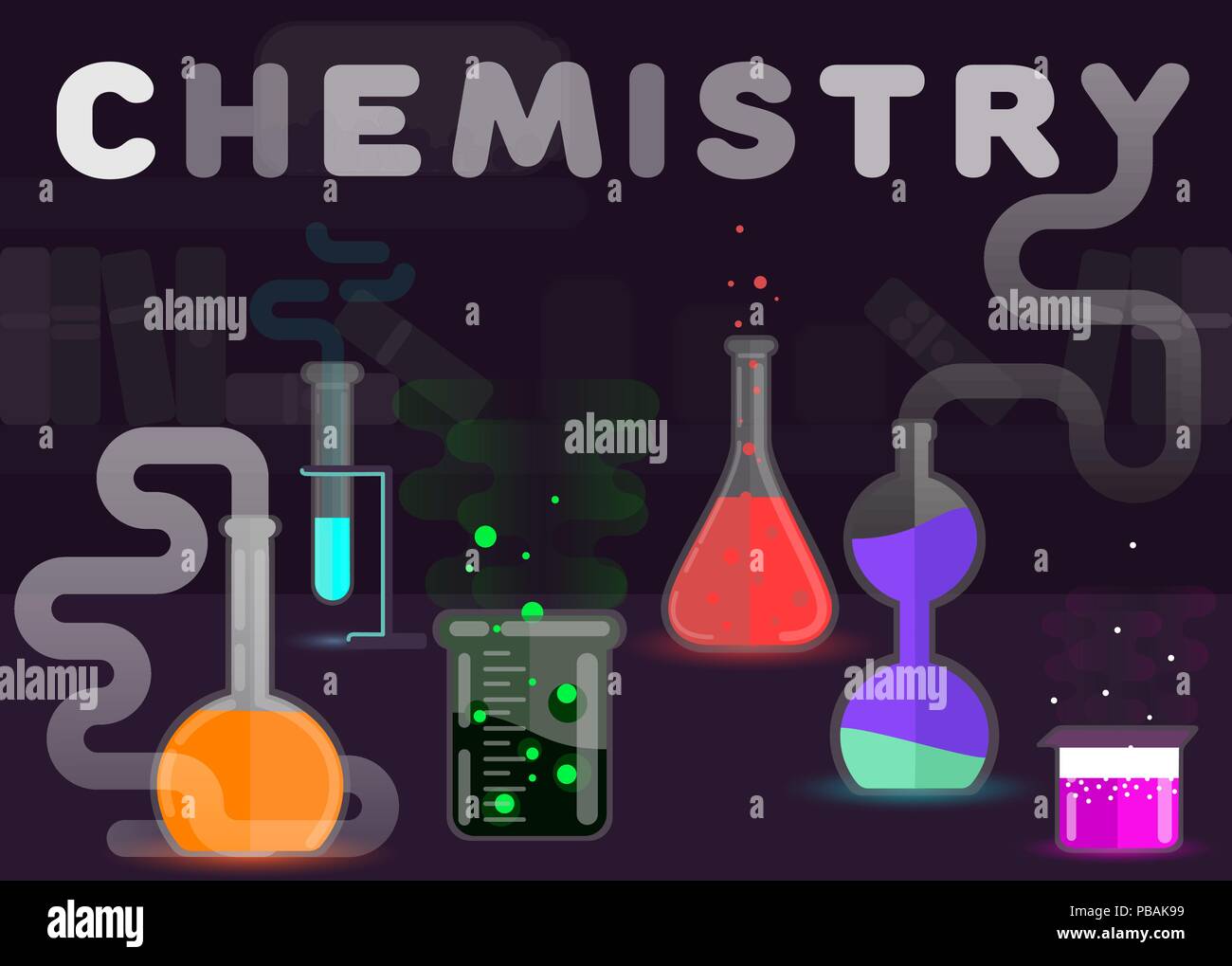 Chemistry flat style vector illustration.Chemical laboratory. Reactions ...